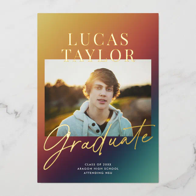 Modern Sunset Photo Foil Graduation Announcement | Zazzle