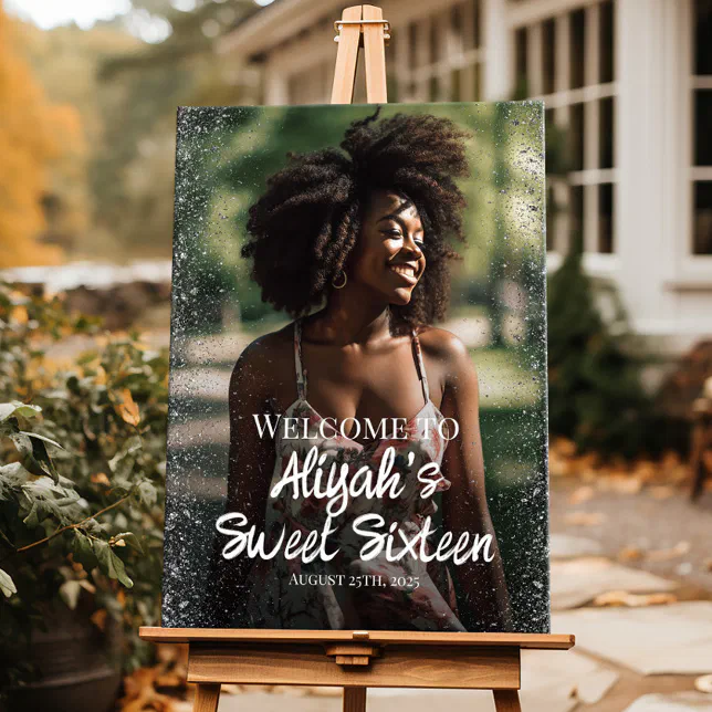 Modern sweet sixteen welcome sign with photo | Zazzle