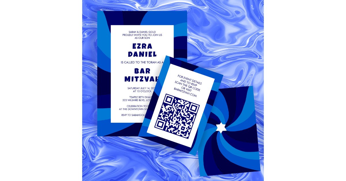 Modern Swirl Star of David QR Code Bar Bat Mitzvah Enclosure Card | Zazzle