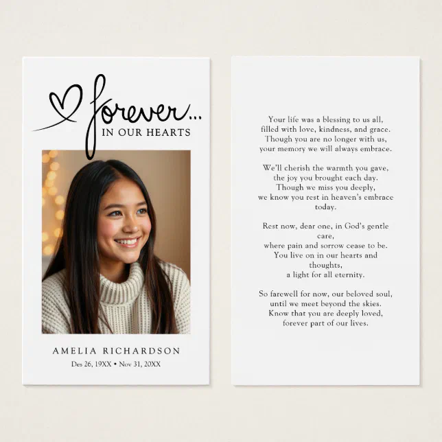 Modern Sympathy Photo Funeral Memorial Prayer Card | Zazzle