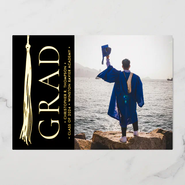 Modern Tassel Grad Party Custom Photo Graduation Foil Holiday Card | Zazzle