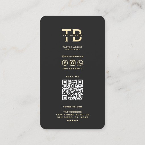 Modern Tattoo Artist Black Gold Tattoo Studio Business Card | Zazzle