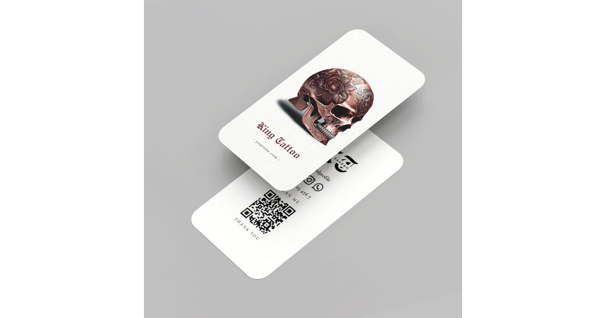 Modern Tattoo Artist Rosegold Skull Qr Code White Business Card | Zazzle