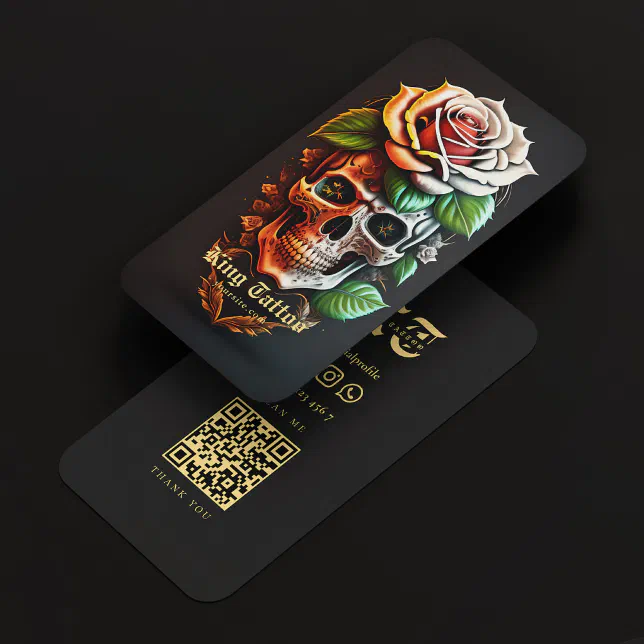 Modern Tattoo Artist Skull Monogram Black Gold Business Card | Zazzle