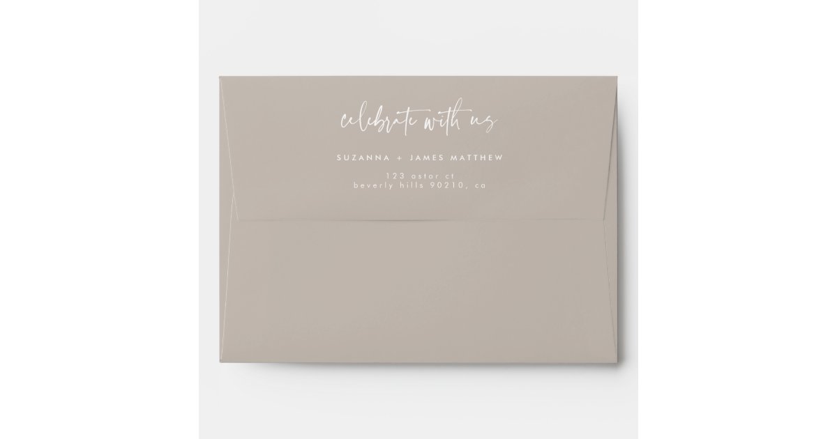 Modern Taupe Celebrate with us Script Wedding Envelope | Zazzle