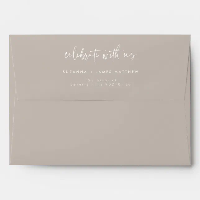 Modern Taupe Celebrate with us Script Wedding Envelope | Zazzle