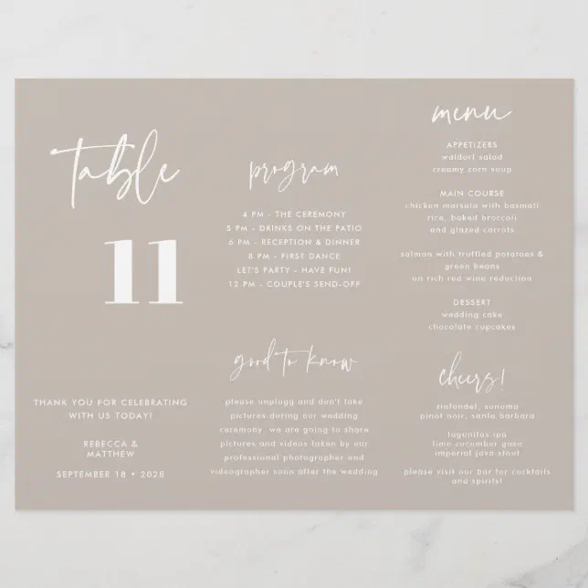Modern Taupe Wedding Menu Program Trifold | Zazzle