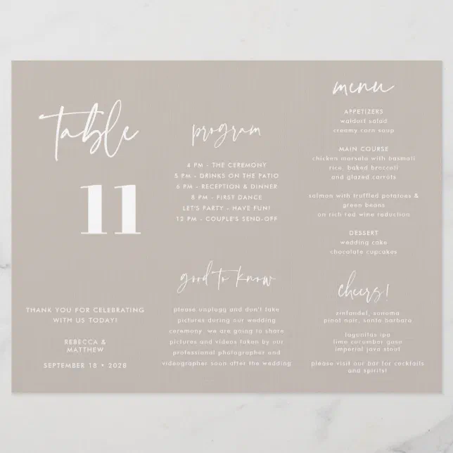Modern Taupe Wedding Menu Program Trifold | Zazzle