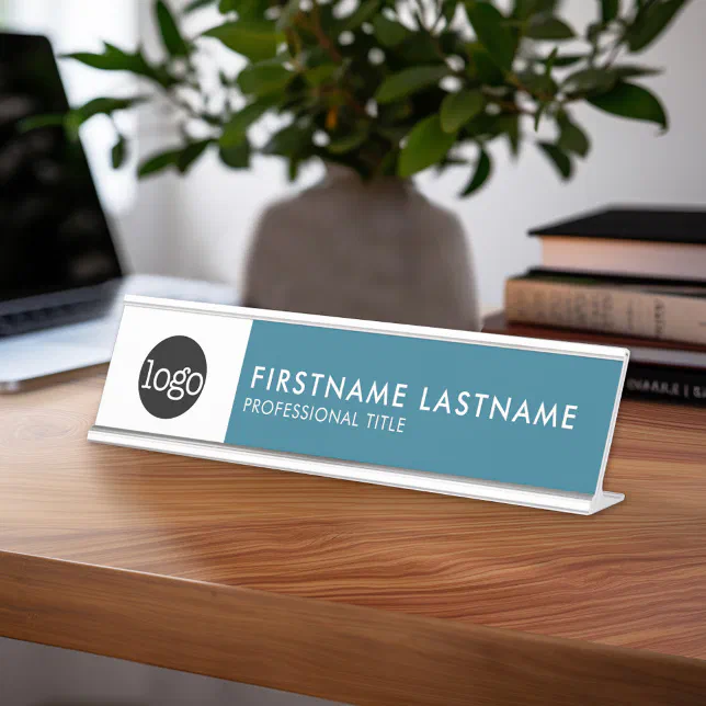 Modern Teal Blue and White - Add Logo, Name, Title Desk Name Plate | Zazzle