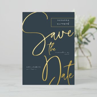 Modern Teal Blue Gray Calligraphy Save the Date Foil Invitation | Zazzle