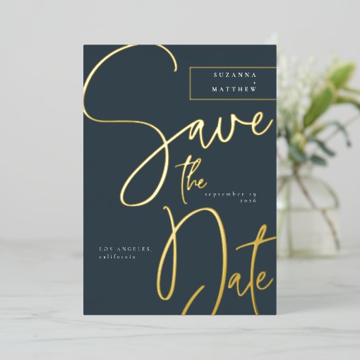 Modern Teal Blue Gray Calligraphy Save the Date Foil Invitation | Zazzle