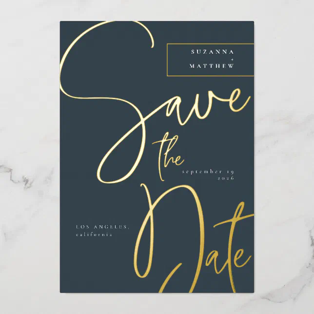 Modern Teal Blue Gray Calligraphy Save the Date Foil Invitation | Zazzle