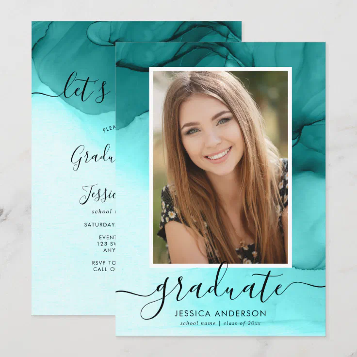 Modern Teal Blue Ink Graduation Party Photo Invitation | Zazzle
