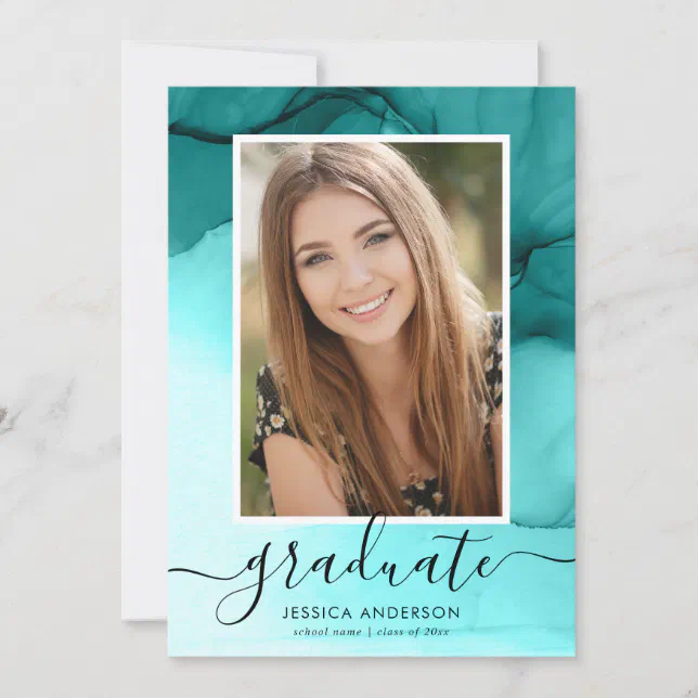 Modern Teal Blue Ink Graduation Party Photo Invitation | Zazzle