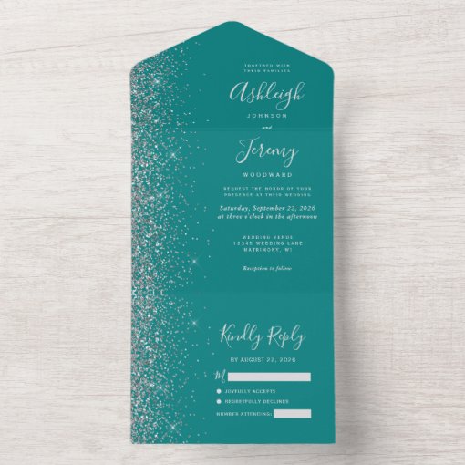 Modern Teal Blue Silver Glitter Wedding All In One Invitation | Zazzle