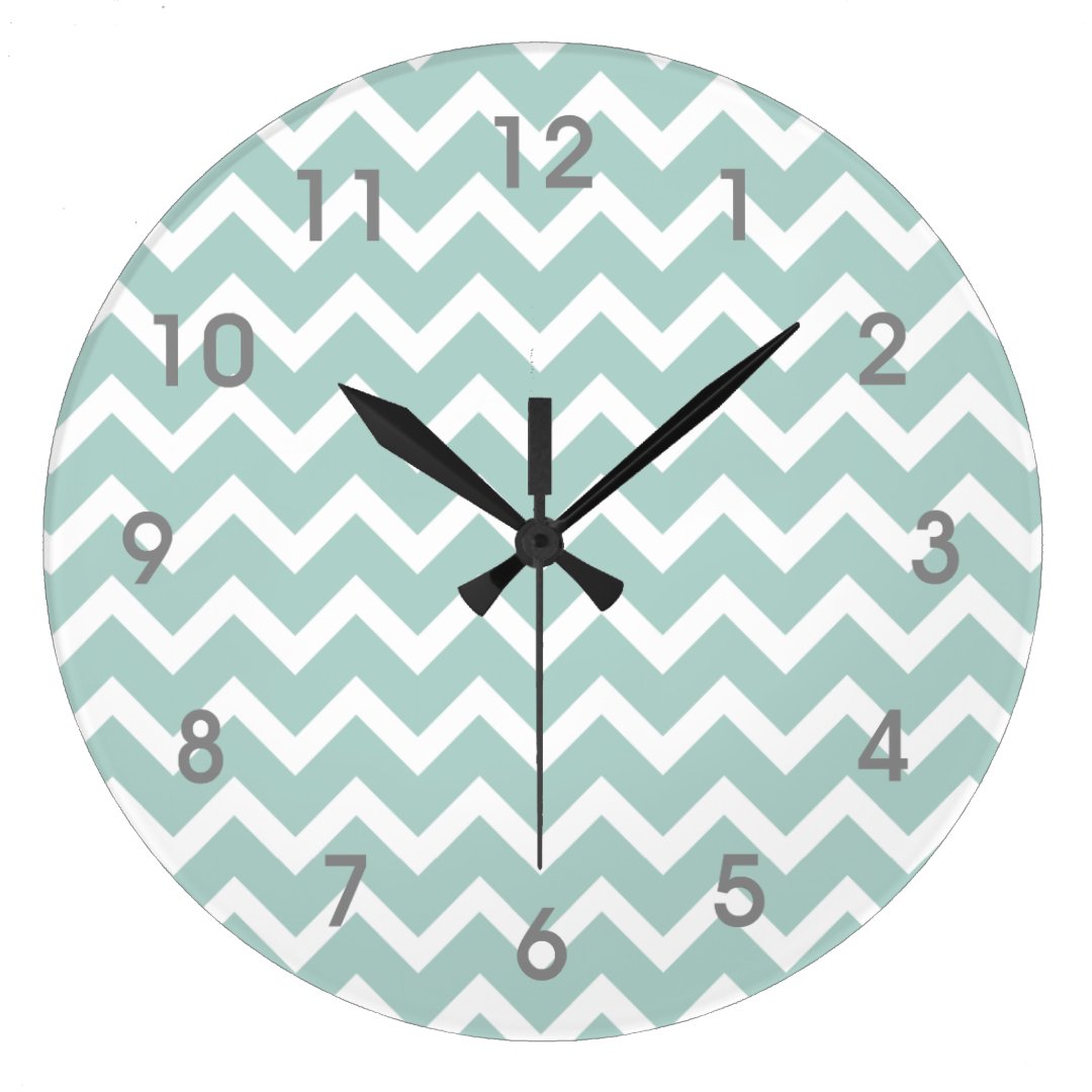Modern Teal Blue White Chevron Clock gray numbers | Zazzle