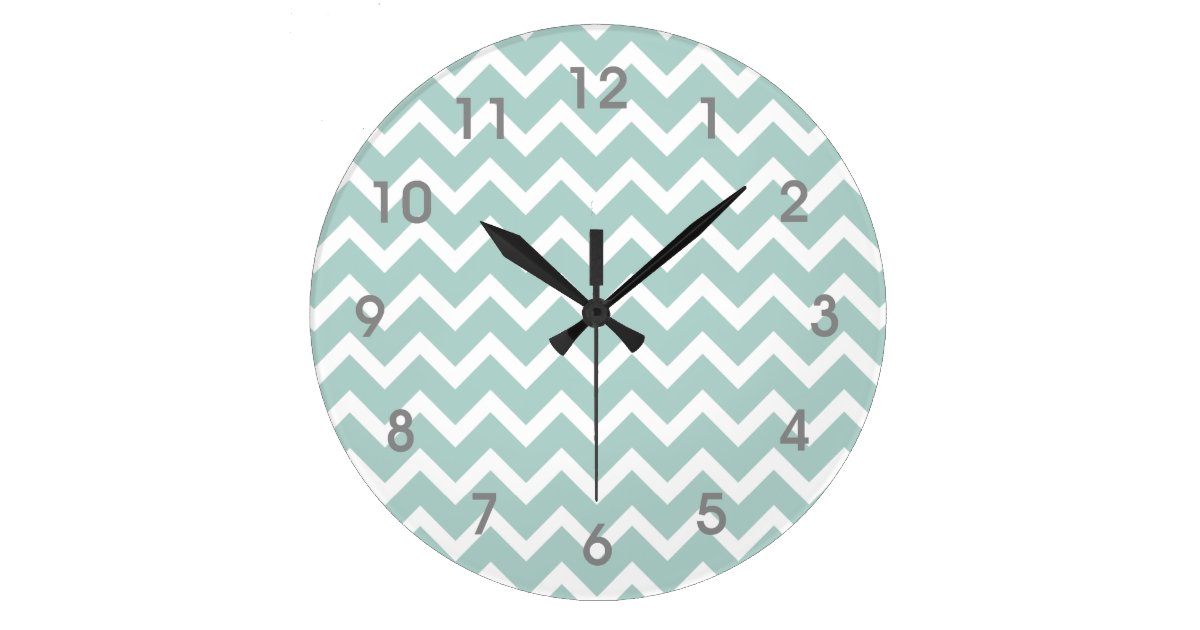 Modern Teal Blue White Chevron Clock gray numbers | Zazzle