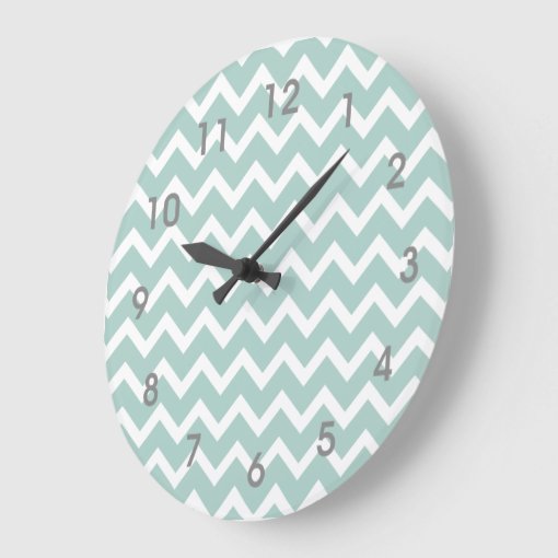 Modern Teal Blue White Chevron Clock gray numbers | Zazzle