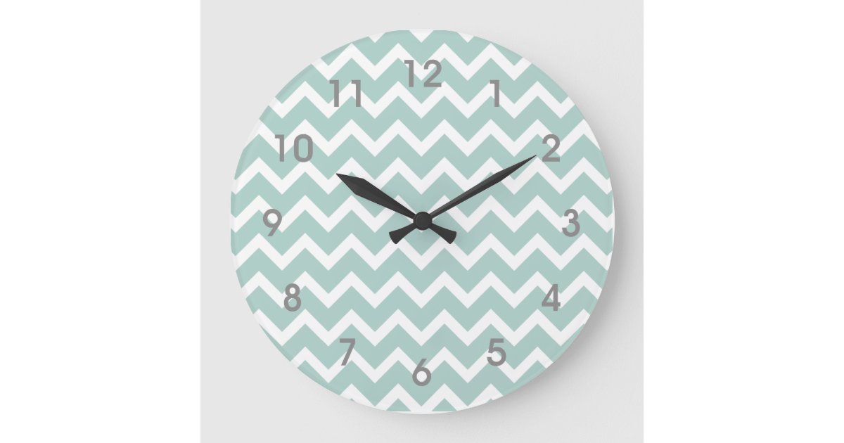Modern Teal Blue White Chevron Clock gray numbers | Zazzle