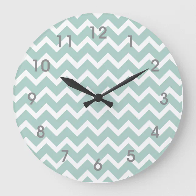 Modern Teal Blue White Chevron Clock gray numbers | Zazzle