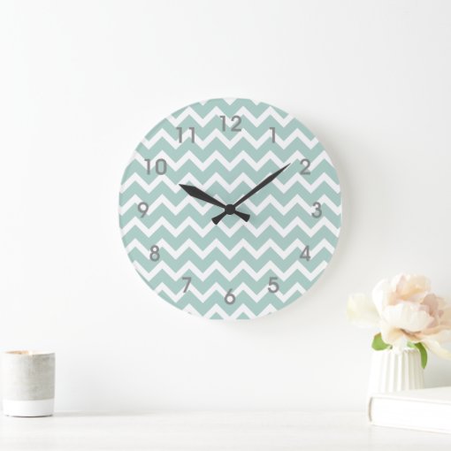 Modern Teal Blue White Chevron Clock gray numbers | Zazzle