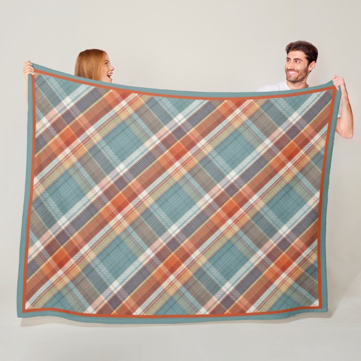 Modern Teal Dark Blue Orange White Plaid Pattern Fleece Blanket | Zazzle