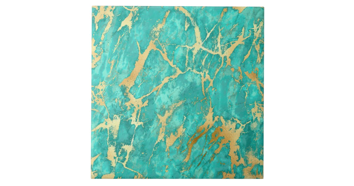 Modern Teal Gold Faux Glitter Marble Ceramic Tile | Zazzle