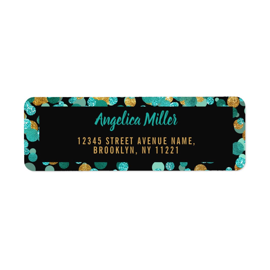 Modern Teal Gold Glitter Confetti Black Turquoise Label | Zazzle