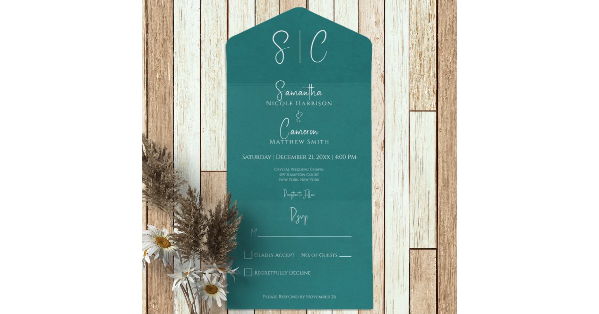 Modern Teal Minimal Monogram No Dinner All In One Invitation | Zazzle