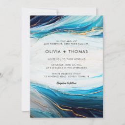 Modern Teal Navy Gold Ink Ocean Wave Wedding Invitation | Zazzle