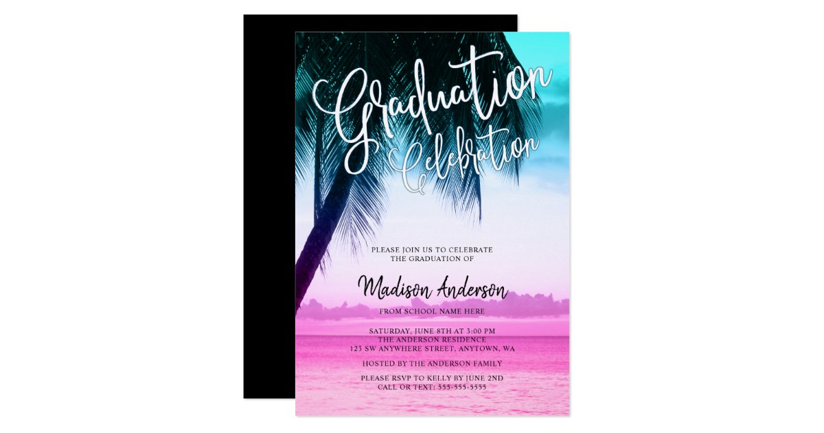 Modern Teal Pink Tropical Beach Graduation Party Invitation | Zazzle.com
