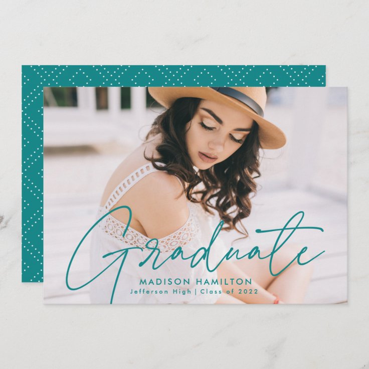 Modern Teal Script Photo Graduation Party Invitation | Zazzle