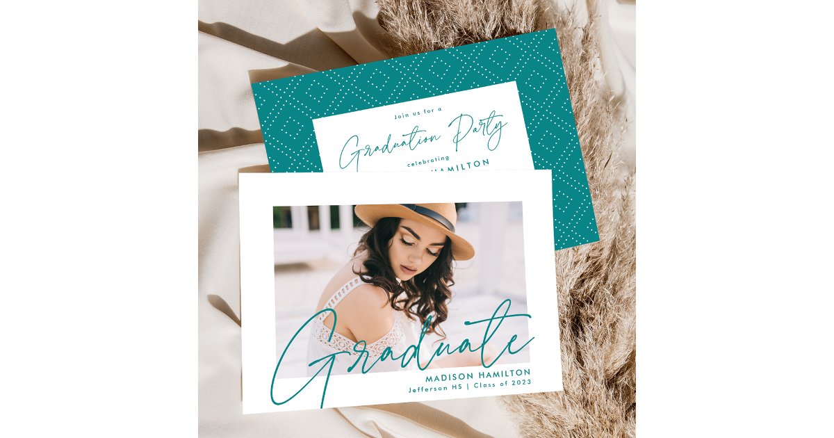 Modern Teal Script Photo Graduation Party Invitation | Zazzle