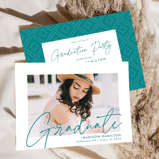 Modern Teal Script Photo Graduation Party Invitation | Zazzle