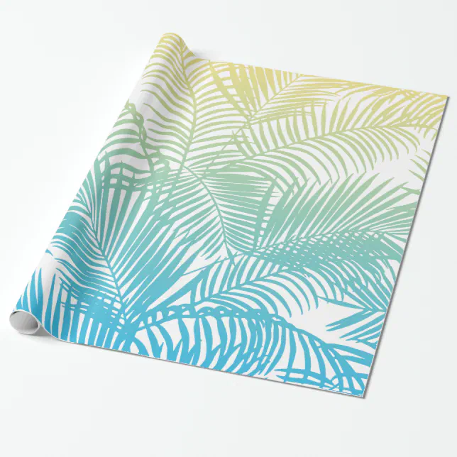 Modern teal yellow tropical palm trees pattern wrapping paper | Zazzle