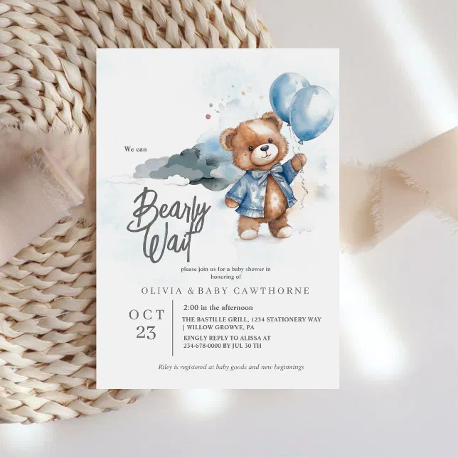 Modern Teddy Bear Baby boy Shower Invitation | Zazzle