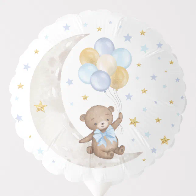 Modern Teddy Bear on Moon Blue Gold Stars Balloon | Zazzle