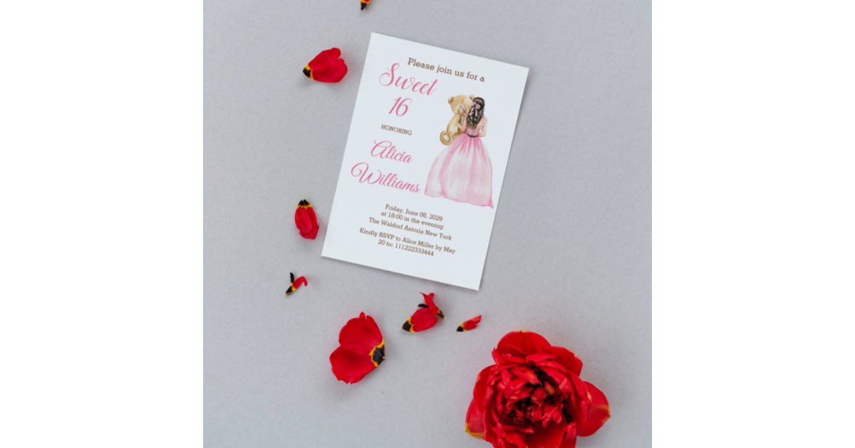 Modern Teddy Bear Rose Sweet Sixteen 16 Birthday Invitation | Zazzle