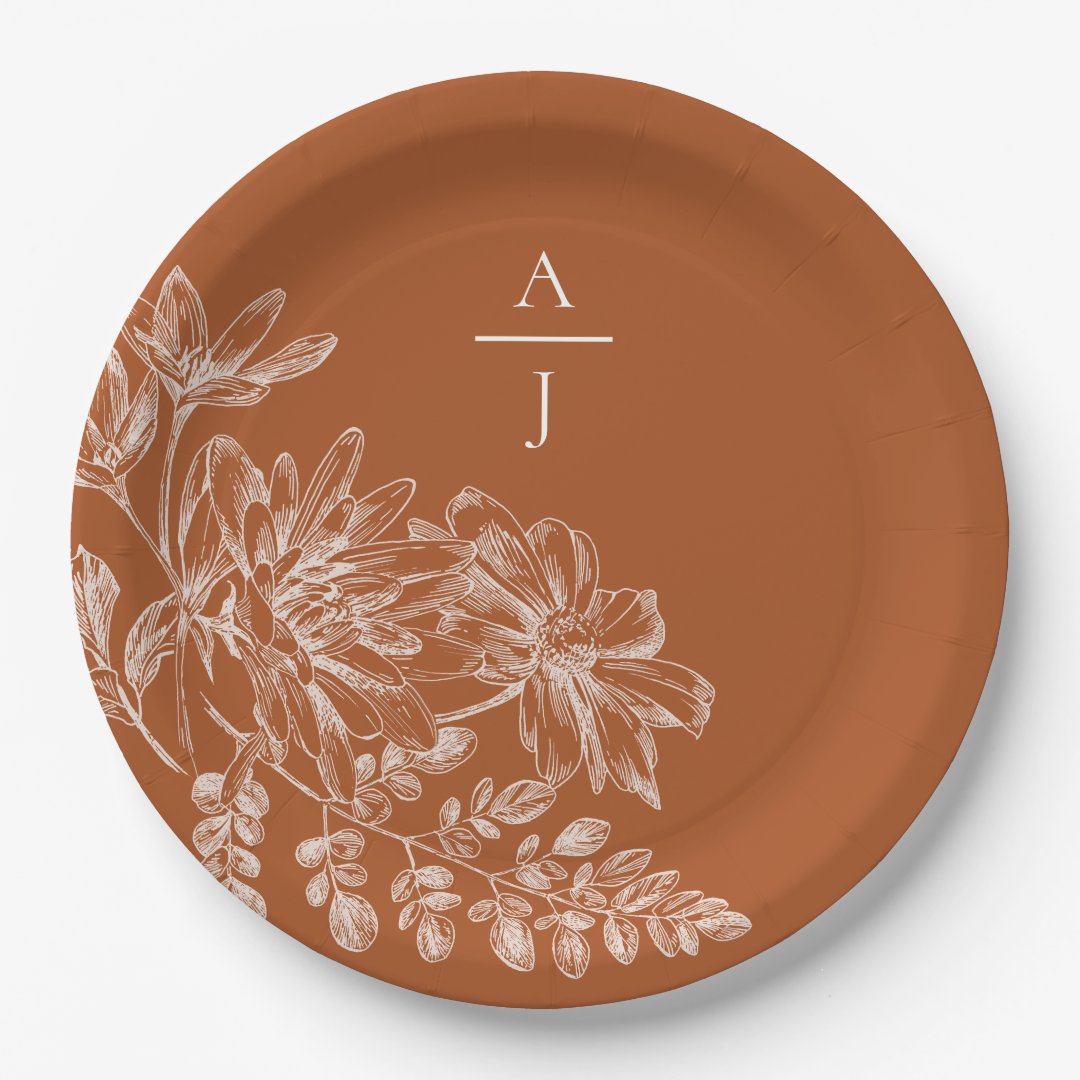 Modern Terra Cotta Monogram Floral Paper Plates | Zazzle