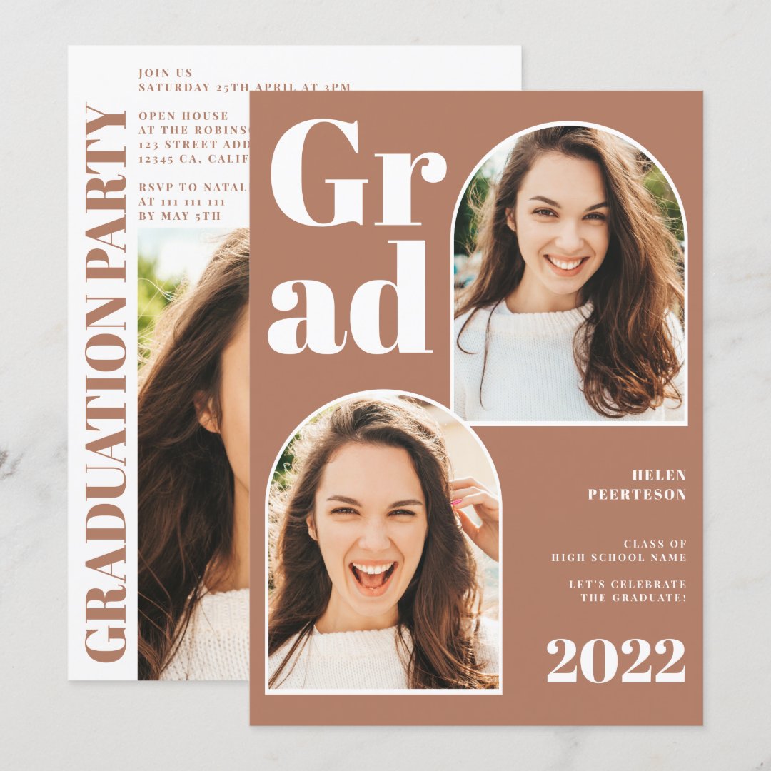 Modern terracotta arch 3 photos graduation invitation | Zazzle