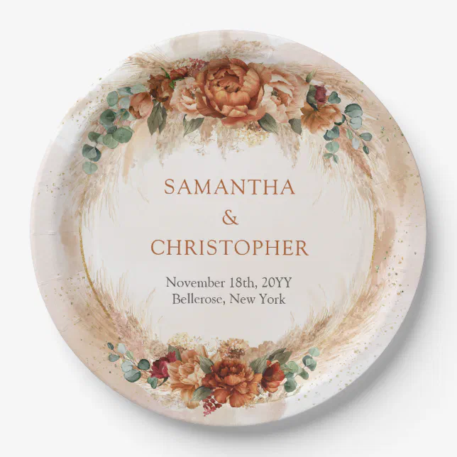 Modern Terracotta flowers burgundy pampas greenery Paper Plates | Zazzle