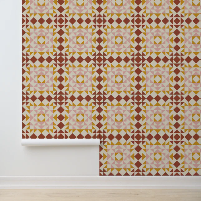 Modern Terracotta Quilt Block Geometric Pattern Wallpaper | Zazzle