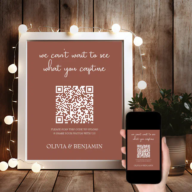 Modern Terracotta Wedding Photo Share QR Code Sign | Zazzle