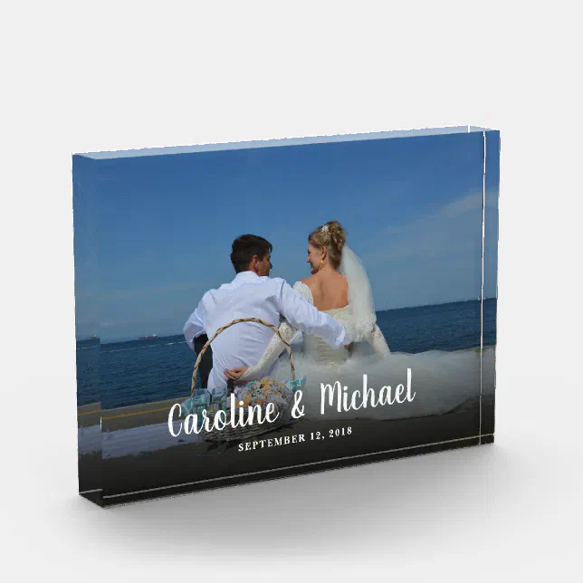 Modern text overlay personalized wedding custom photo block | Zazzle