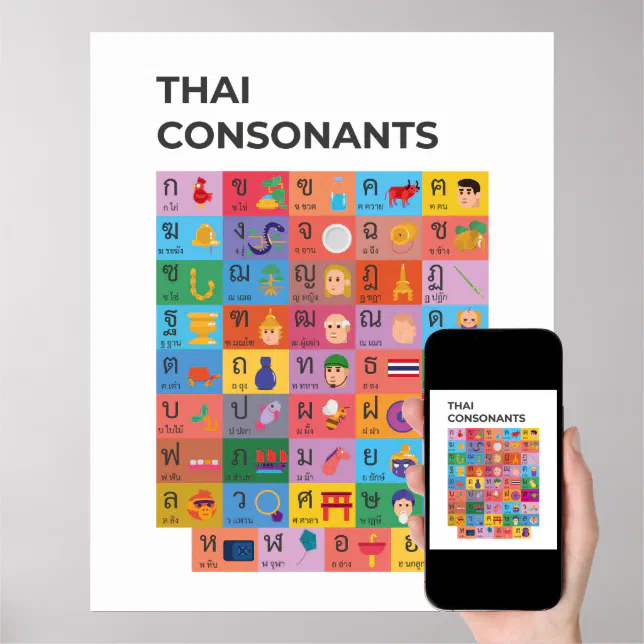 Modern Thai Consonant Chart, Thai Script Poster | Zazzle