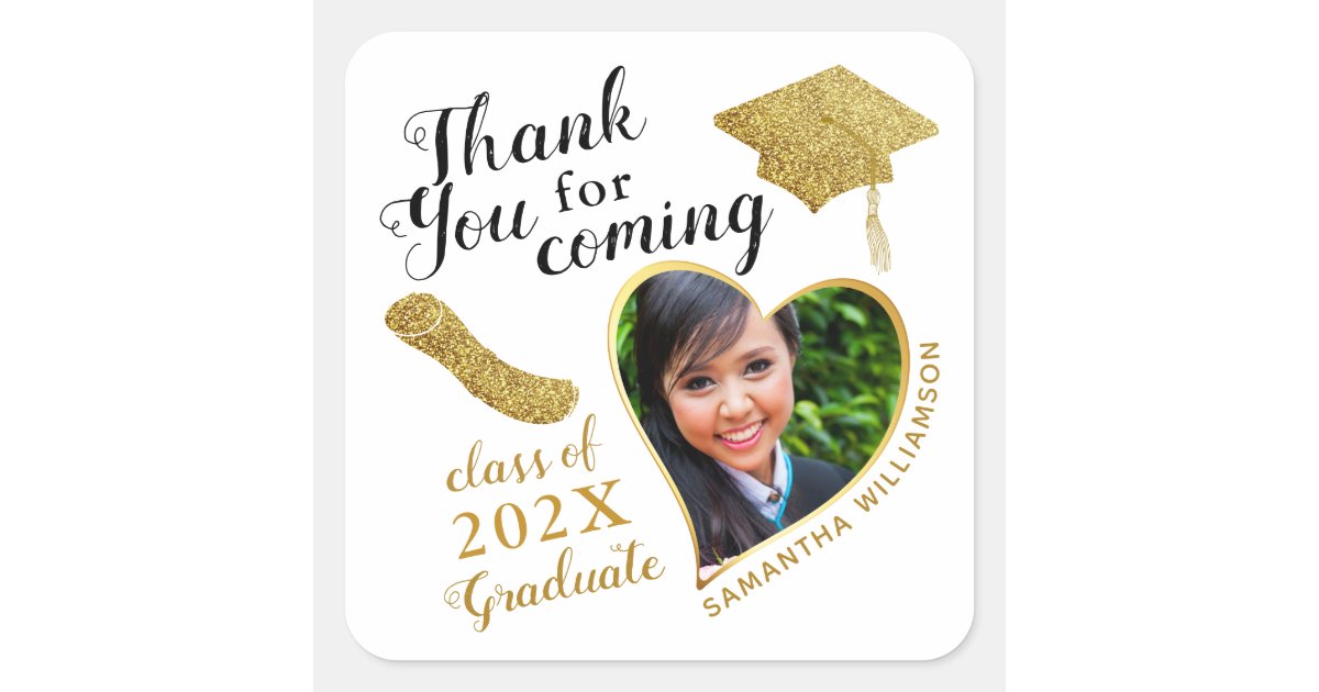 Modern Thank You Heart Photo 2025 Graduation Favor Square Sticker | Zazzle
