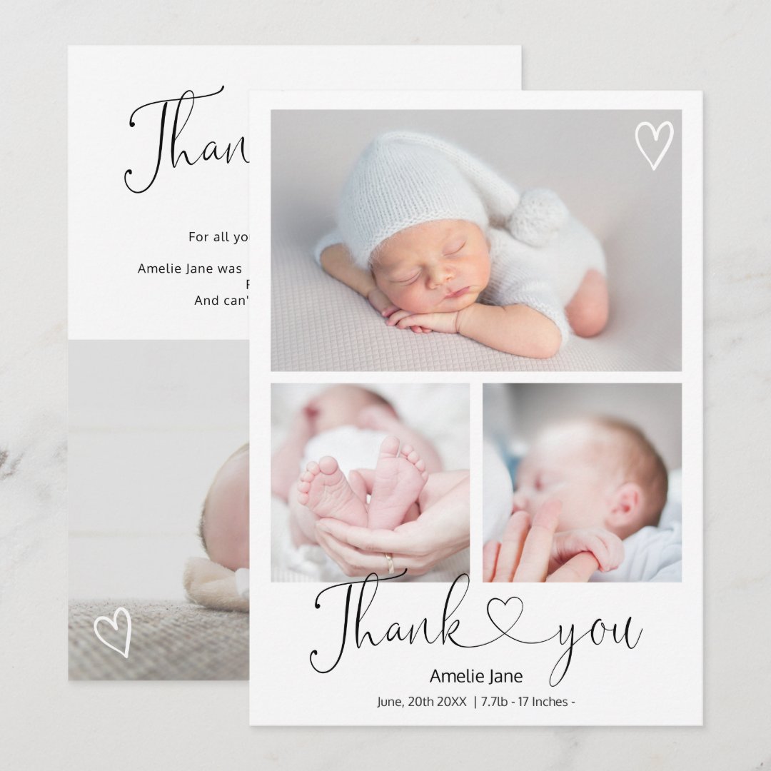 Modern thank you script heart 4 photos baby birth announcement | Zazzle