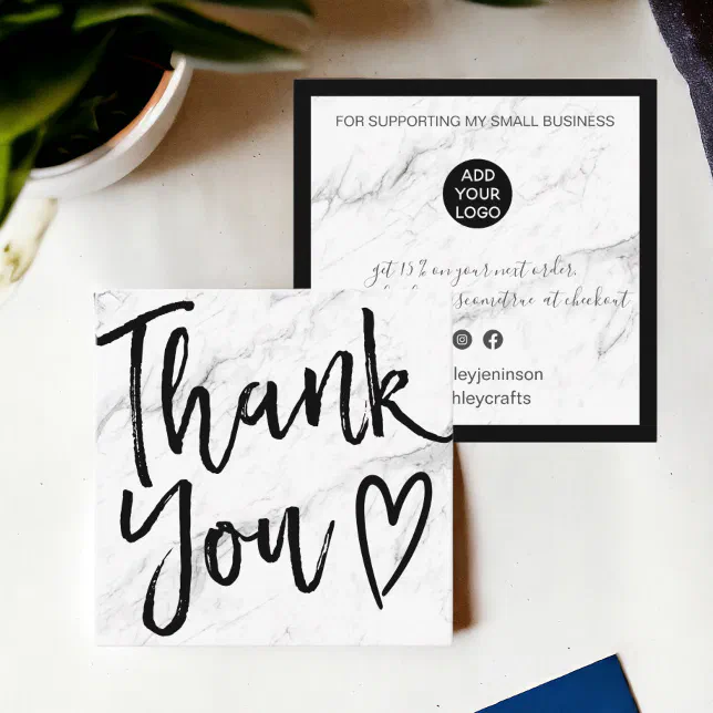 Modern thank you script order minimal marble square business card | Zazzle