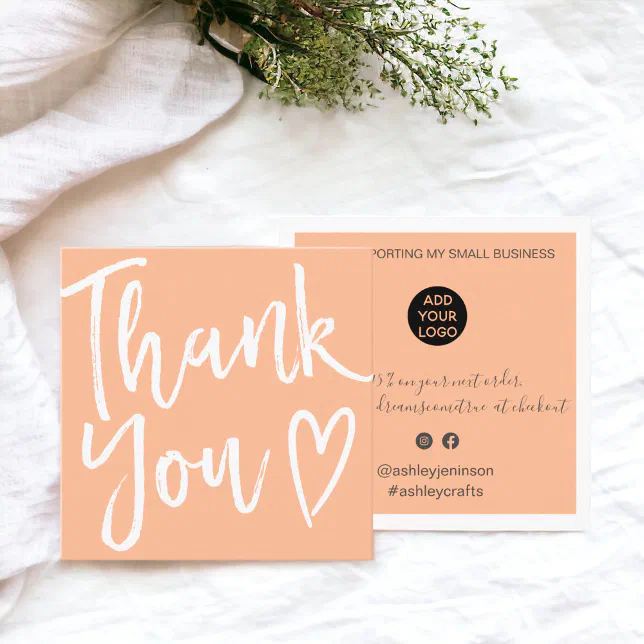 Modern thank you script order minimal peach square business card | Zazzle