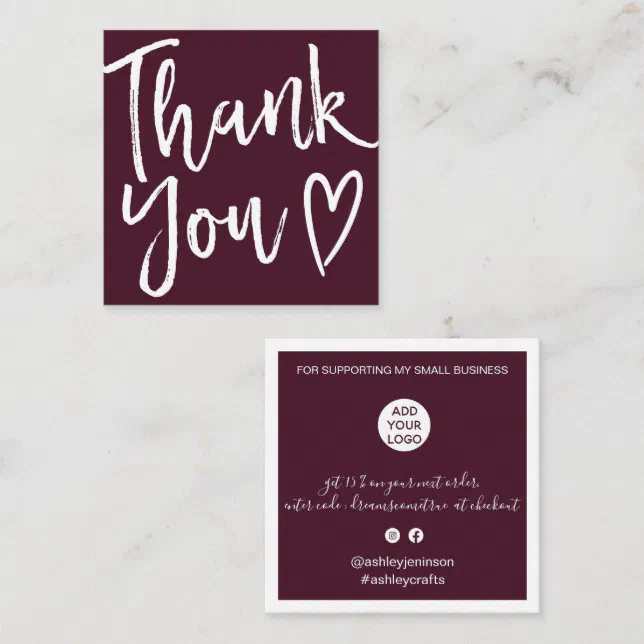 Modern thank you script order minimal red burgundy square business card ...